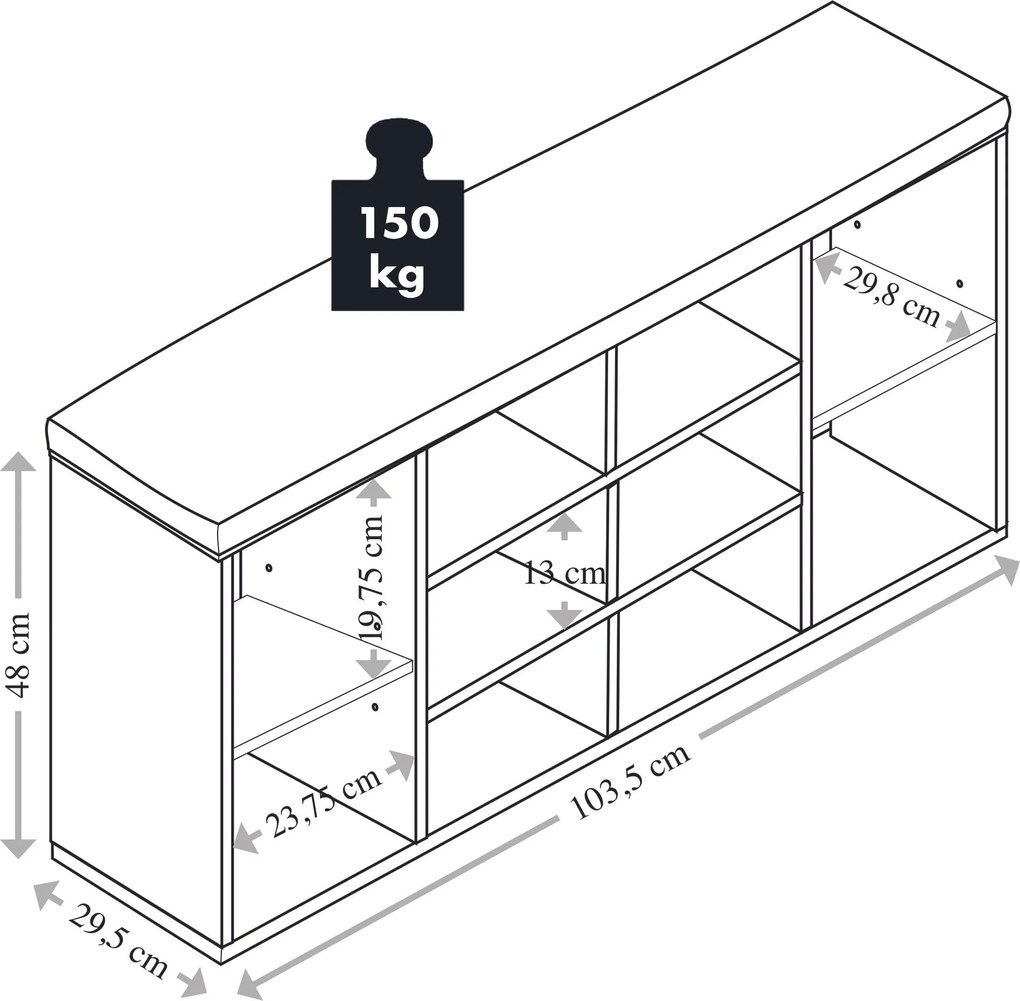 Botník na 10 párů bot, se sedadlem, 103,5 x 48 cm, modrá