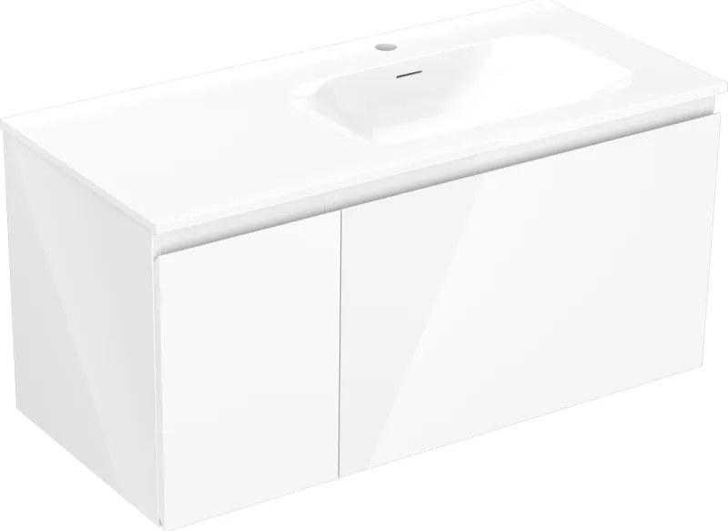 Mexen Orio, koupelnová skříňka 100 cm s pravým umyvadlem Vela, 1S, 1D, bílá lesklá, 91A13-10047-3-BBFF00-W23P00