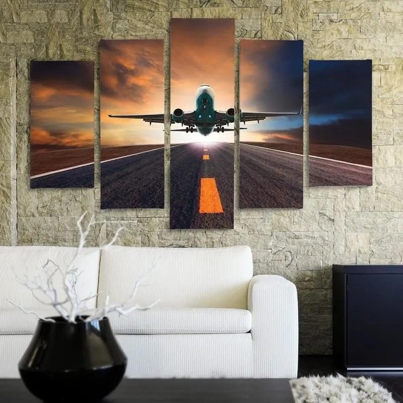 Obraz na plátně pětidílný Letadlo při západu slunce - 200x100 cm