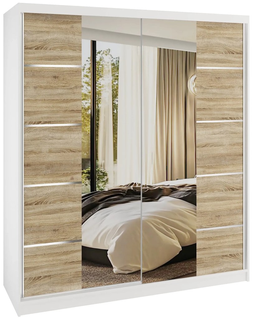 Šatní skříň SERENITY 158 cm Belini bílý mat / dub sonoma s posuvnými dveřmi a zrcadlem  ME SERENITY SZP7/0/W/DS/0/HIAL
