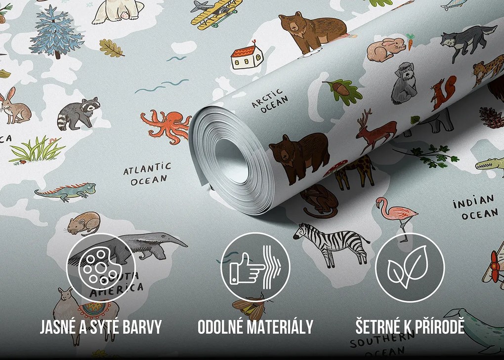 Dětská fototapeta na míru Modrobílá Kreslená Mapa Se Zvířaty | Vliesová fototapeta na zed' | DFTD5P 352447