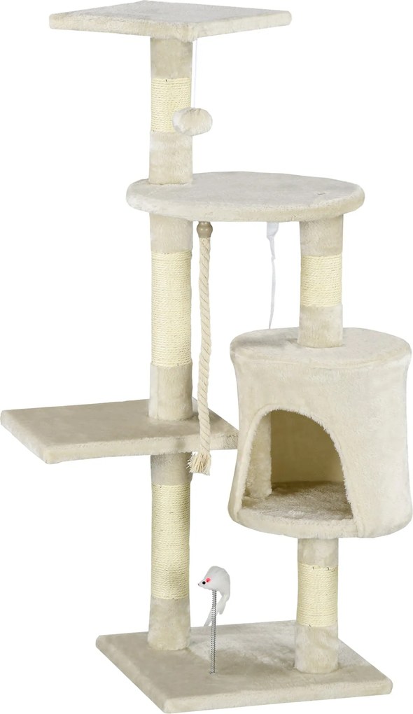PawHut Kočka Škrábací Stožár Výška 116 cm Kočičí Strom Lezení Věž se Sisalovými Škrábacími Sloupky, Útulná Jeskyně, Platformy a Zábavné Závěsné Hračky