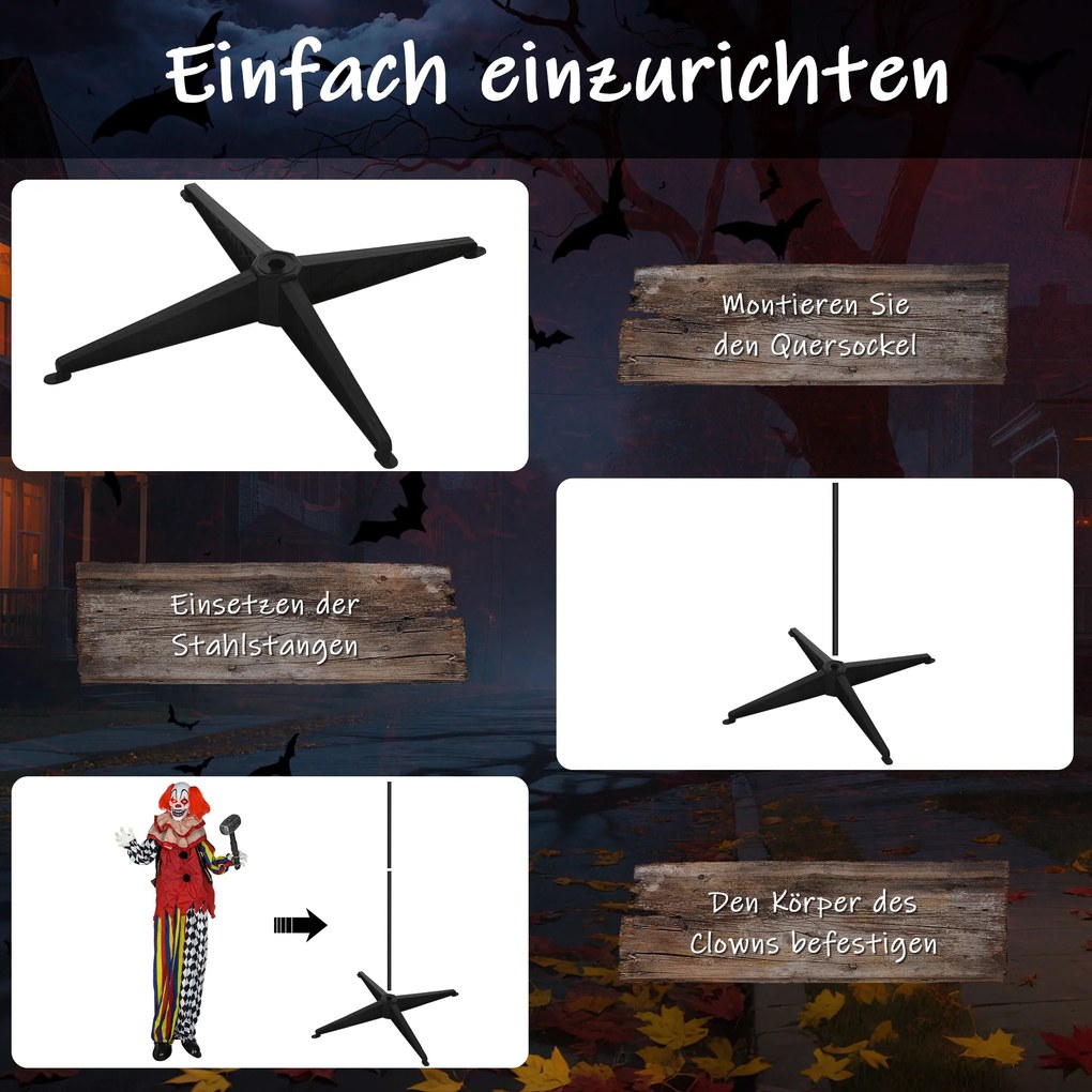 Outsunny Hrůzostrašný klaun, animatronika na Halloween, 173 cm, svítící oči, aktivace zvukem, pohyblivé paže a hlava, na baterie, plast, kov, červená