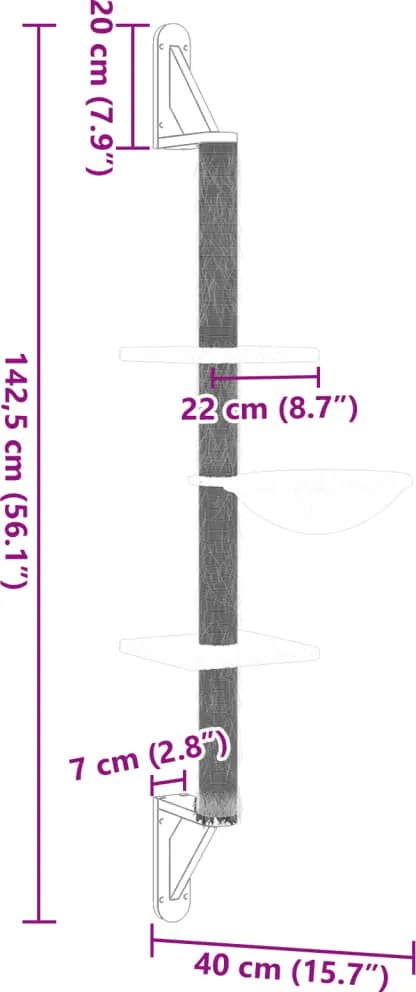 Nástěnné škrabadlo pro kočky se sloupkem krémové 142,5 cm 172395