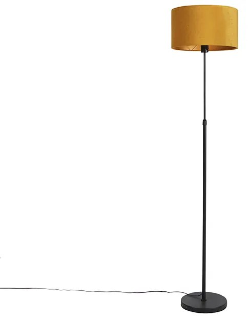 Stojací lampa černá s sametovým stínítkem okrově žlutá se zlatem 35 cm - Parte