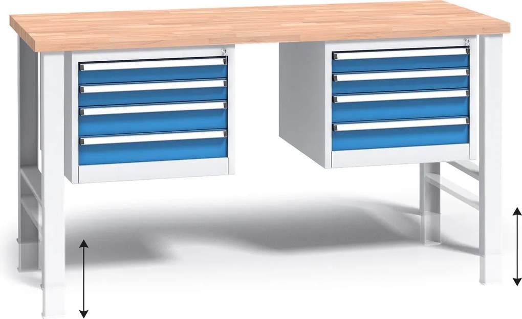Výškově nastavitelný pracovní stůl do dílny G3 se 2 závěsnými boxy na nářadí, buková spárovka, 8 zásuvek, 1700 x 685 x 840 - 1050 mm, modrá