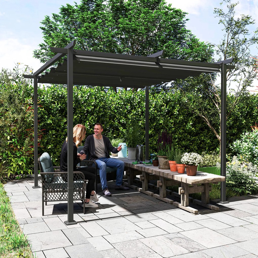 zahradní pergola 3 x 3 m s nastavitelnou střechou, kovový rám, ochrana UPF30+, sluneční stříška na verandu, terasu, tmavě šedá barva