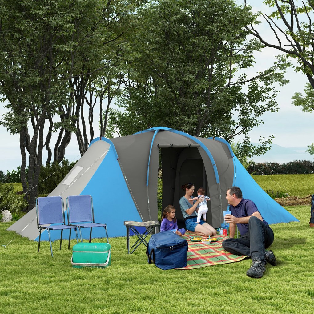 Outsunny rodinný stan pro 4-6 osob, voděodolný 2000 mm, skládací stan s 2 ložnicemi, batoh na kempování 555x225x190 cm, šedý a modrý