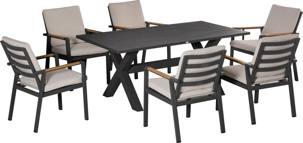 Outsunny 7dílná jídelní souprava pro zahradní patio - 1 stůl + 6 židlí s polštáři, weatherproof hliníkový rám, černá + šedá | Aosom