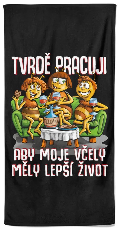 Osuška Tvrdě pracuji – včely (Velikost osušky: 100x170cm)