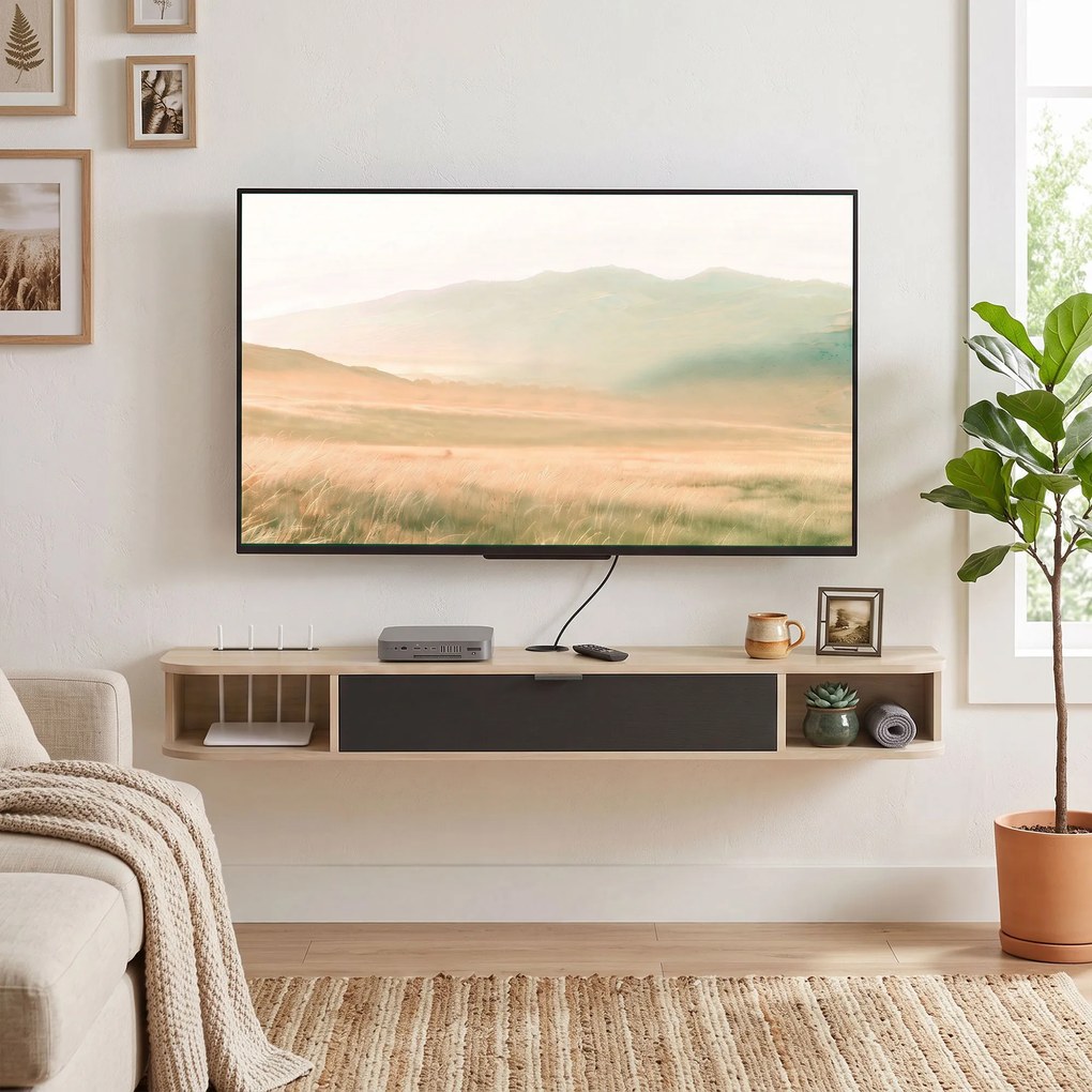 HOMCOM Závěsný TV nábytek, TV nábytek pro televize až do 152,4 cm (60 palců), výklopná zásuvka, 2 police, 140x24x16 cm, přírodní dřevo
