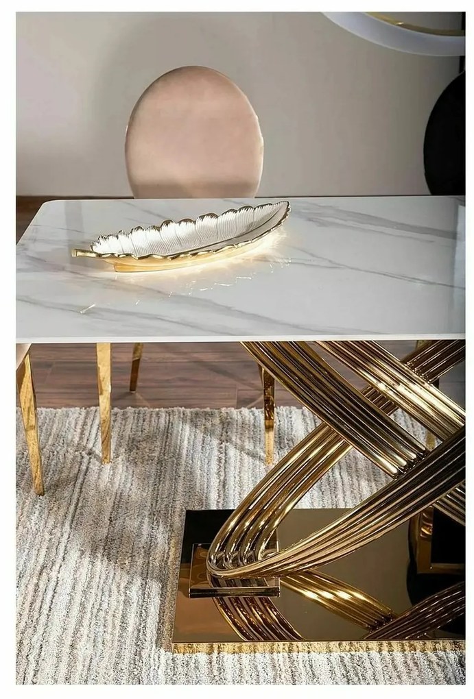 Jídelní stůl Hermes 160 cm bílý mramor/zlatý