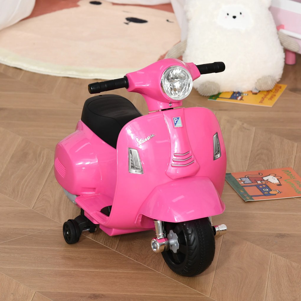 HOMCOM Elektrická Vespa Motorka pro Děti 18-36 Měsíců, 6V Baterie, S Hlavním Světlem, Klaksonem a 4 Koly, Dětská Motorka s Licencí 66.5x38x52 cm Růžo…