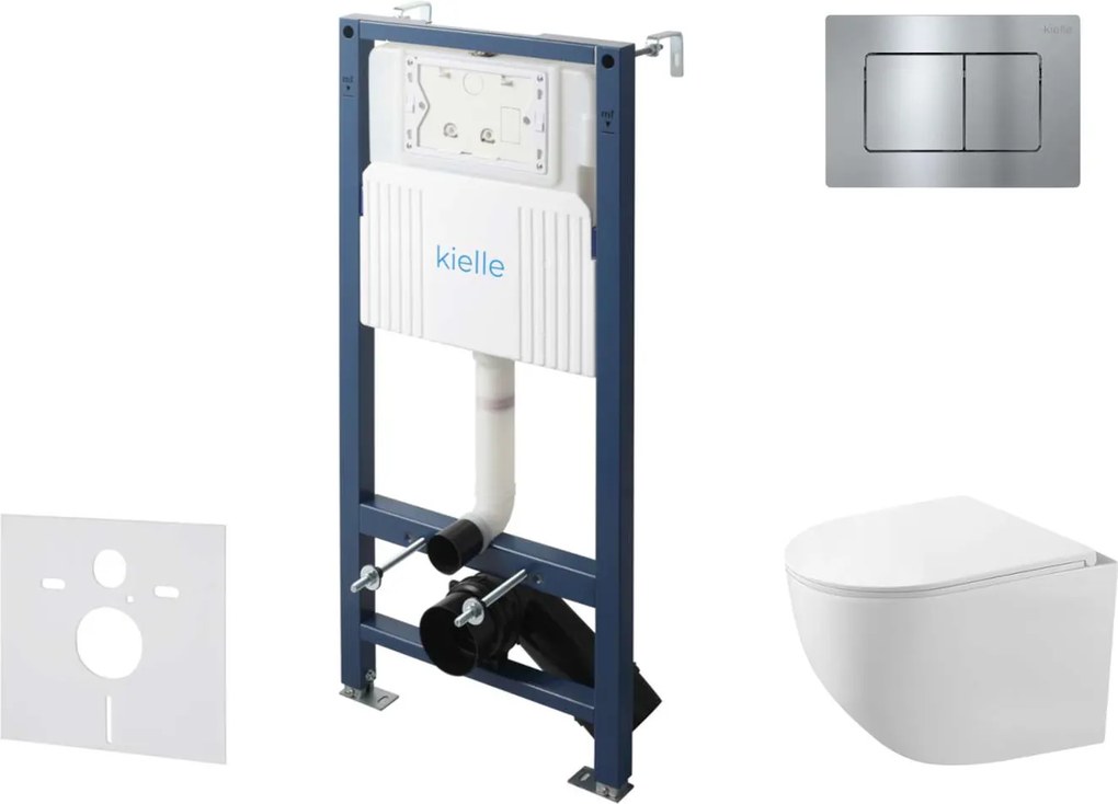 kielle Genesis New - Set předstěnové instalace, kompaktního klozetu Gaia, Rimless, sedátka softclose a tlačítka Gemini New III, lesklý chrom 30528SS89