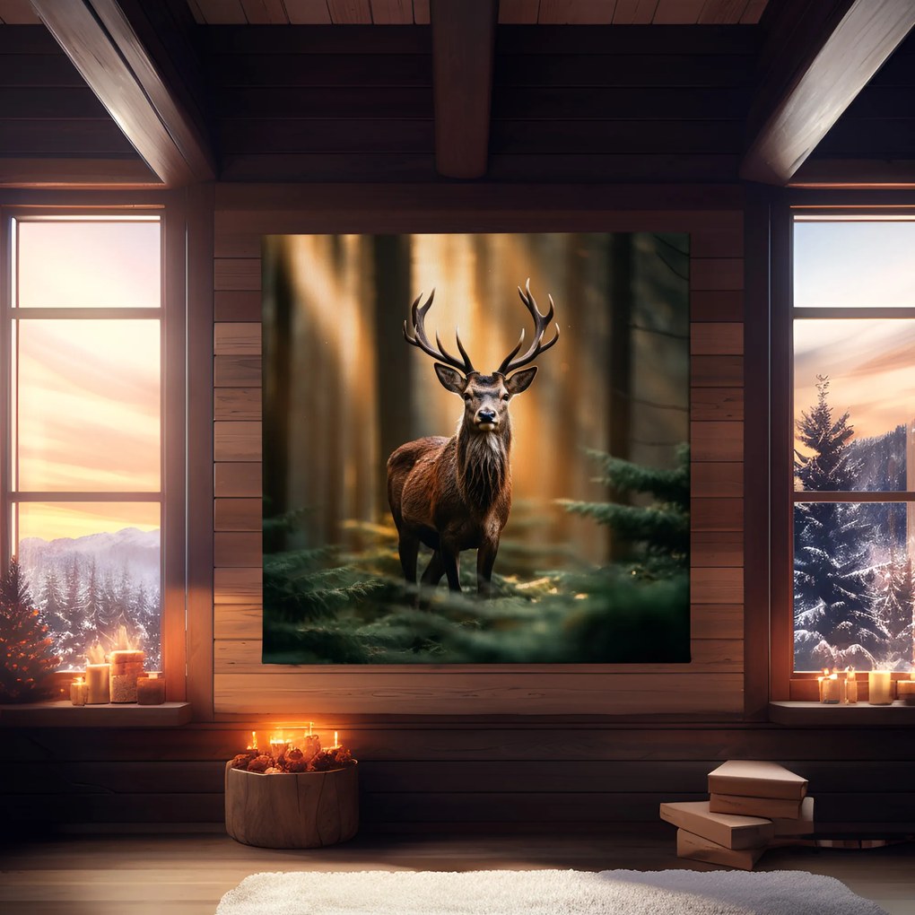 Obraz na plátně - Jelen hrdě stojí v jehličnatém lese FeelHappy.cz Velikost obrazu: 120 x 120 cm