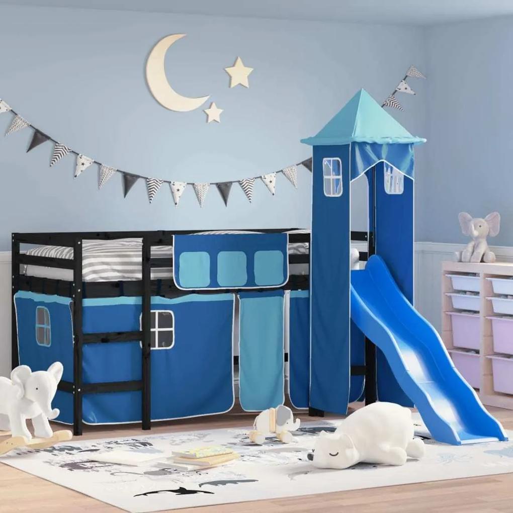 vidaXL Dětská patrová postel s věží bílá a 90 x 200 cm borovice [3207077] Barva: Bílo-modrá
