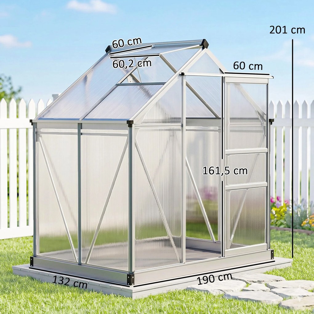 Outsunny hliníkový skleník 2,51 m² — 190 × 132 × 201 cm s pozinkovaným podstavcem, střešním větráním, posuvnými dveřmi, 4 mm UV-odolnými polykarbonát…