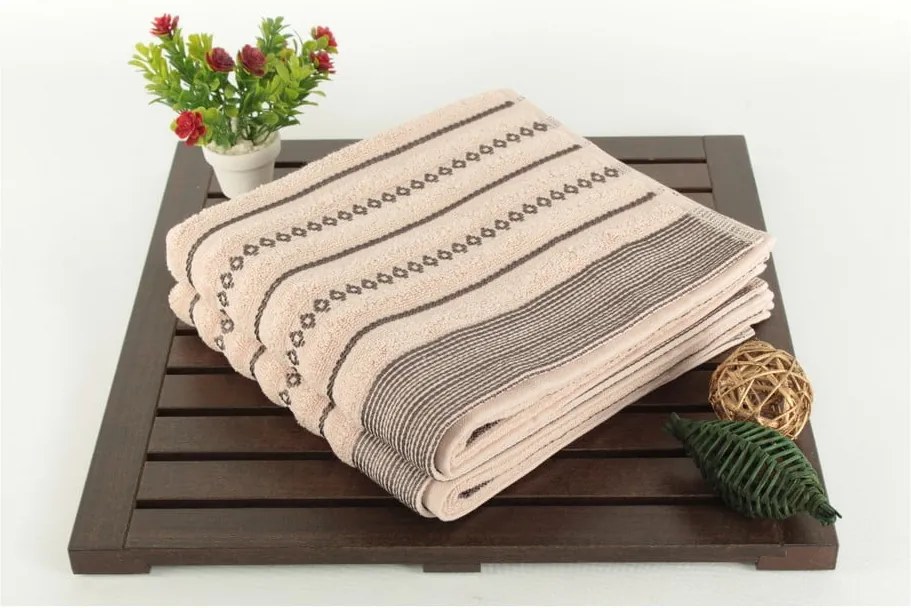 Sada dvou ručníků s pruhovaným vzorem v hnědé a pudrové barvě Nature Touch, 90 x 50 cm