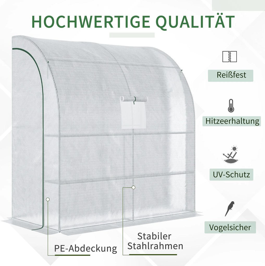 Outsunny fóliový skleník na rajčata 200x100x215cm s oknem ze síťoviny a rolovacími dveřmi UV ochrana v bílé barvě pro rostliny a zahradu