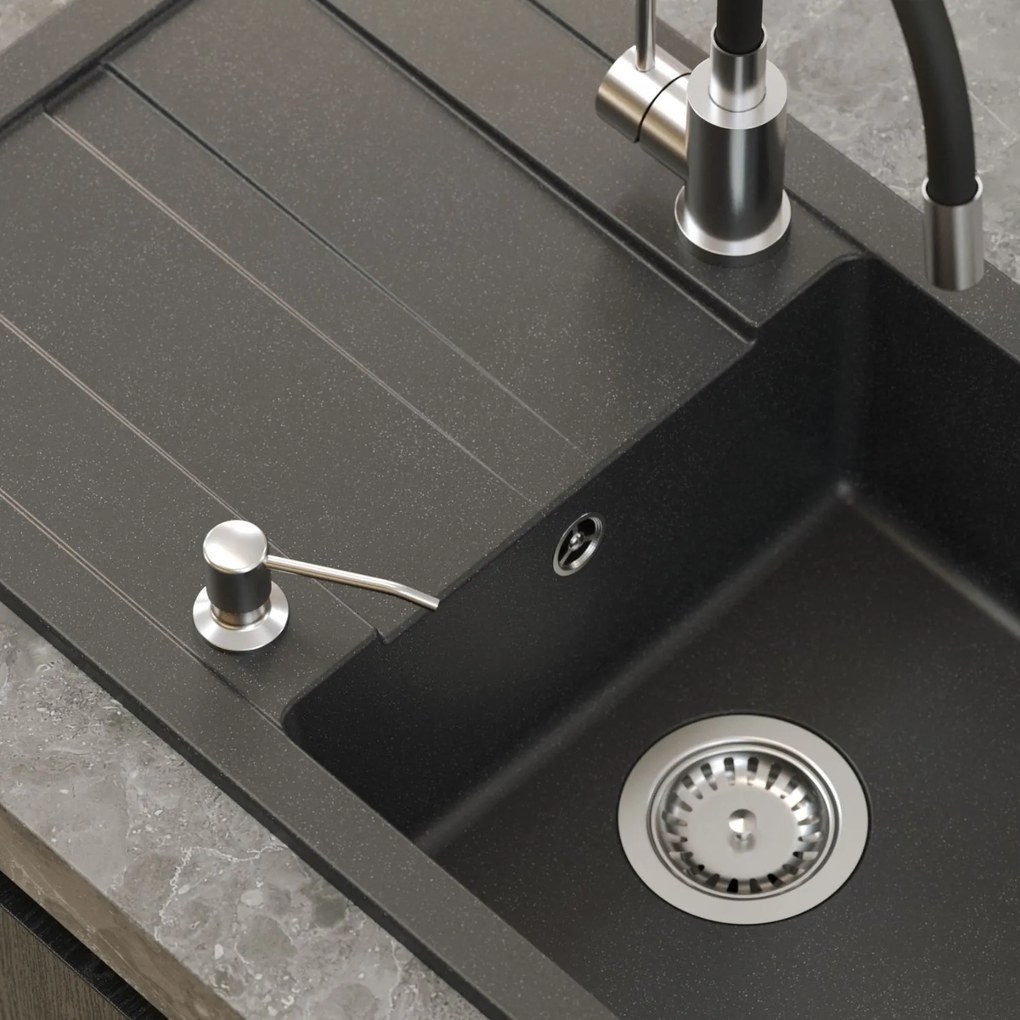 Černý kuchyňský granitový dřez QUADRON READY- MAX + BATERIE A DÁVKOVAČ NA SAPONÁT