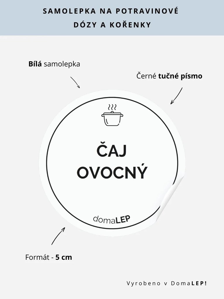 ČAJ OVOCNÝ – bílá samolepka na dózu, tučné písmo, 5 cm | DomaLEP