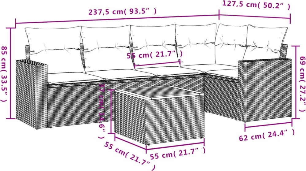6dílná zahradní sedací souprava s poduškami černá polyratan 3224110