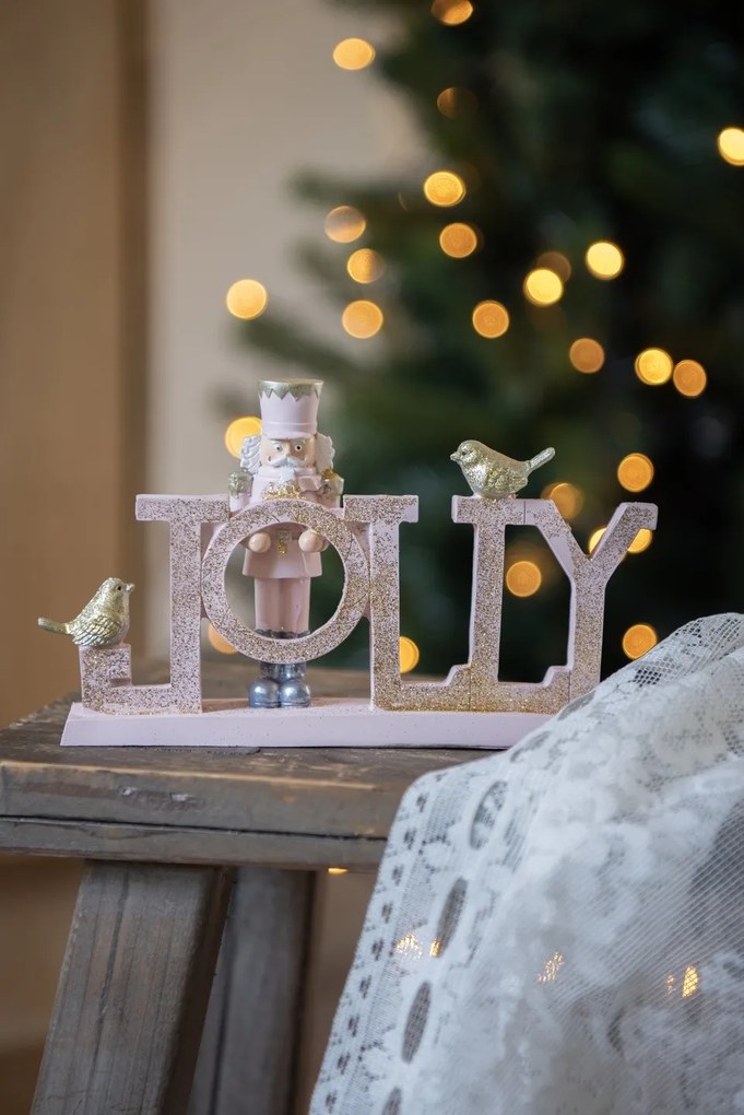 Růžová vánoční dekorace s Louskáčkem a ptáčky Jolly - 18*4*11 cm