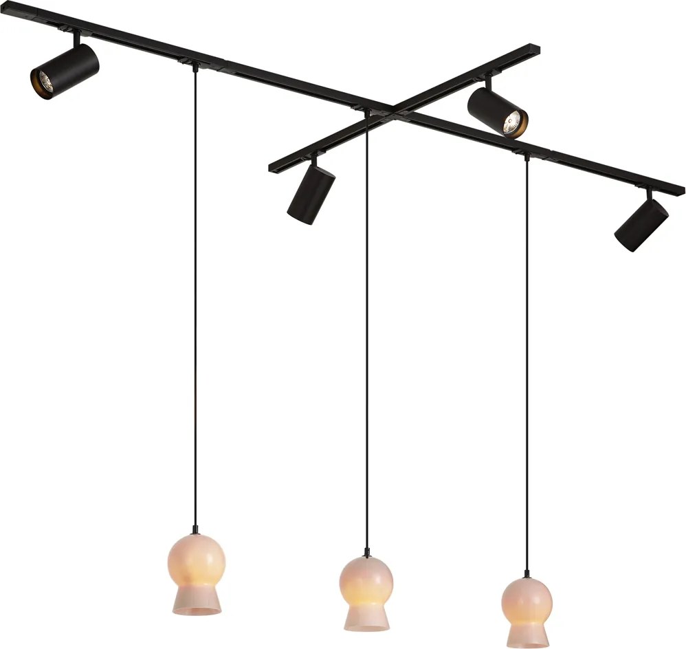 Moderní kolejnicový systém černý se 4 bodovými světly a 3 bílými závěsnými svítidly 1-fázový - Iconic Bell Jeana Luxe