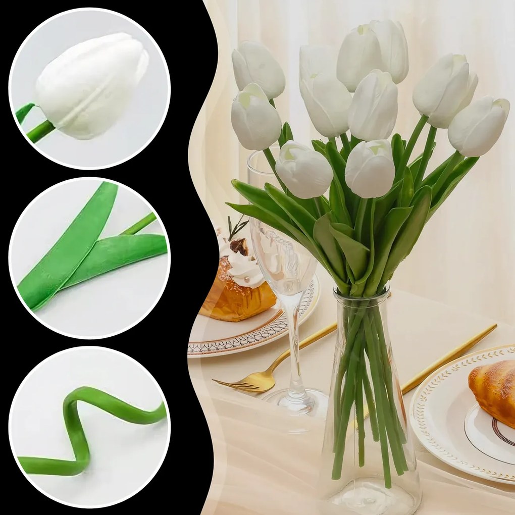 Camerazar Umělé bílé tulipány, 10 ks, délka 34 cm, materiál silikon a plast
