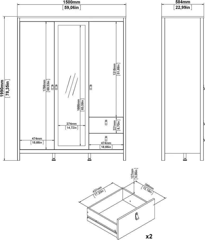 Bílá šatní skříň se zrcadlem 150x199x58 cm Madrid – Tvilum