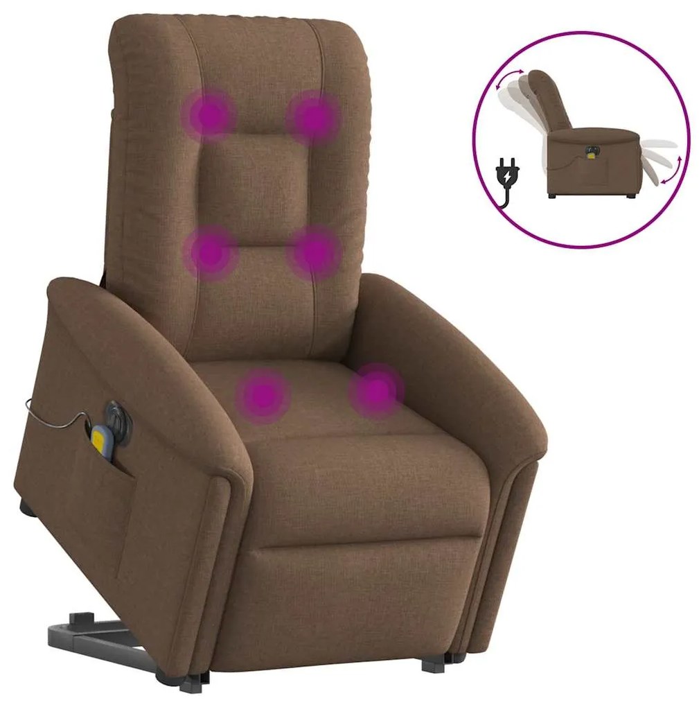 Elektrické zvedací masážní polohovací křeslo hnědé textil 3303288
