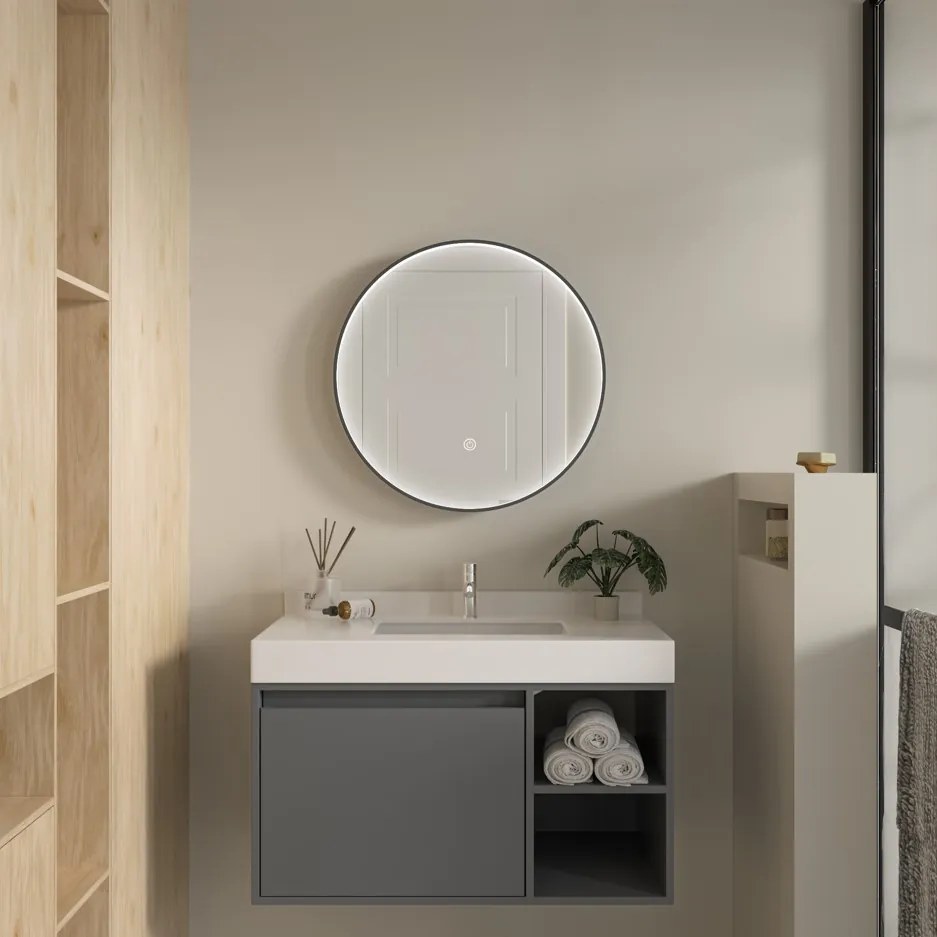 Erga Charlotte, kulaté LED zrcadlo 60cm, černý kovový rám, 1380 lm, 6500K, přední boční osvětlení, ERG-V01-204-6060-BK