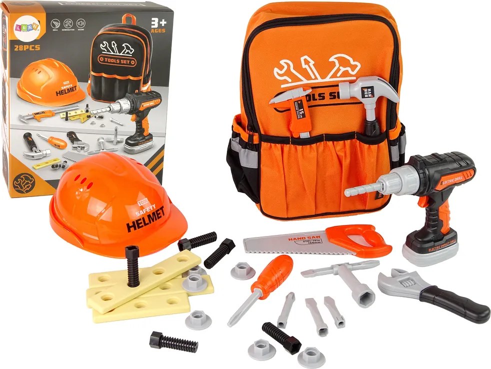LEAN Toys Sada pro kutily v batohu – přilba a nářadí, oranžová