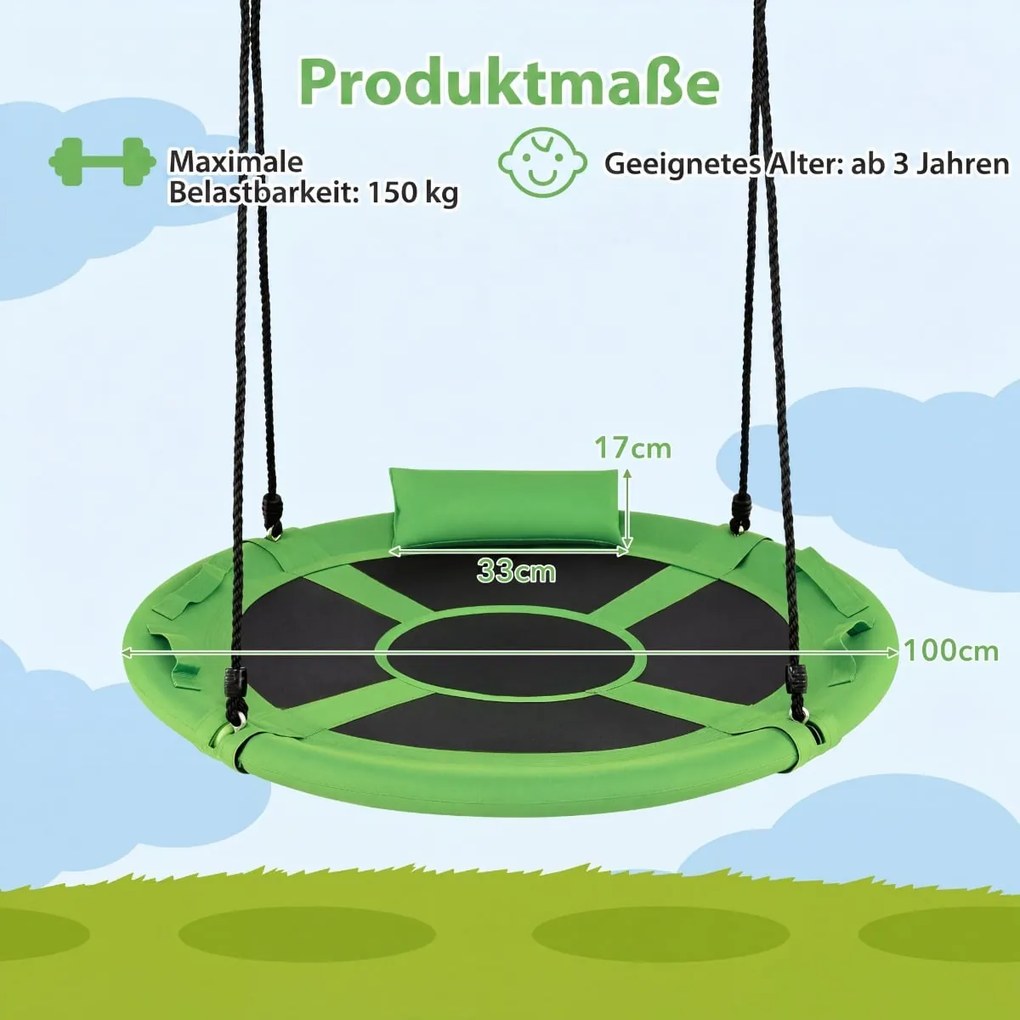 Costway Ø100 cm houpačka hnízdo s polštářky a madly dětská houpačka s 100-180 cm