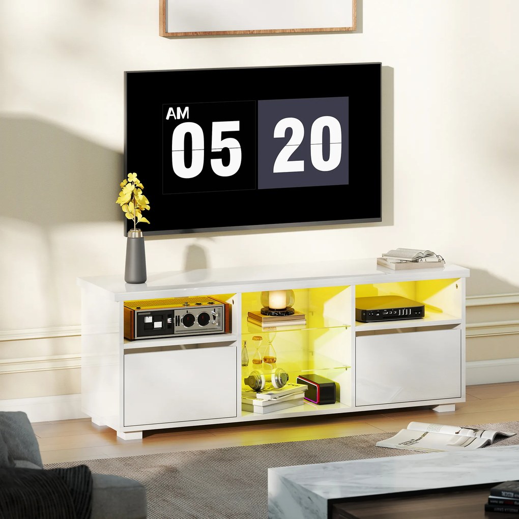 HOMCOM TV skříň 120 cm, TV stojan pro televize až do 55 palců s LED osvětlením a dálkovým ovládáním, bílé skleněné police