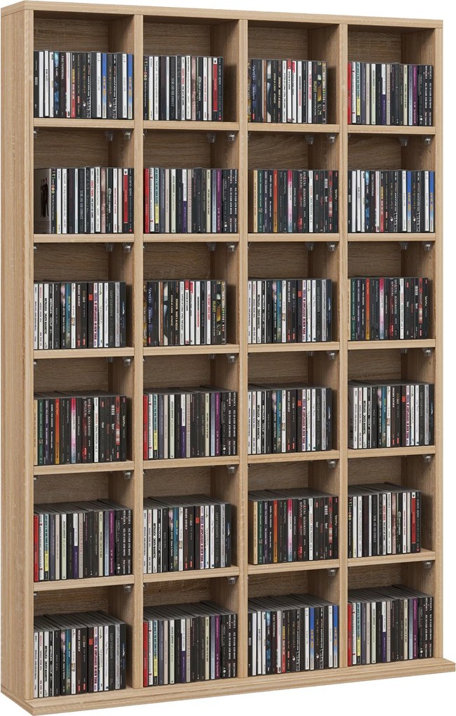 HOMCOM úložný prostor na CD a DVD, multimediální regál s 24 oddíly, maximální kapacita 480 CD/312 DVD, dřevěný regál s nastavitelnými policemi, 89 x 2