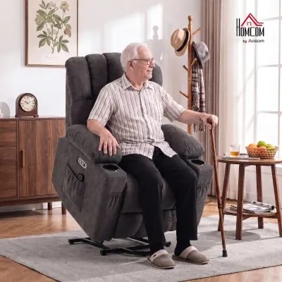HOMCOM Elektrické křeslo s asistencí při vstávání, masáž a teplo, relaxační křeslo pro seniory, pružinové kapsy, šedé