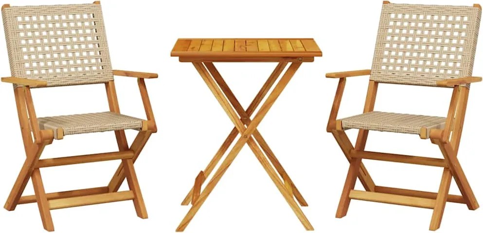 3dílný bistro set béžový polyratan a masivní dřevo 3281804