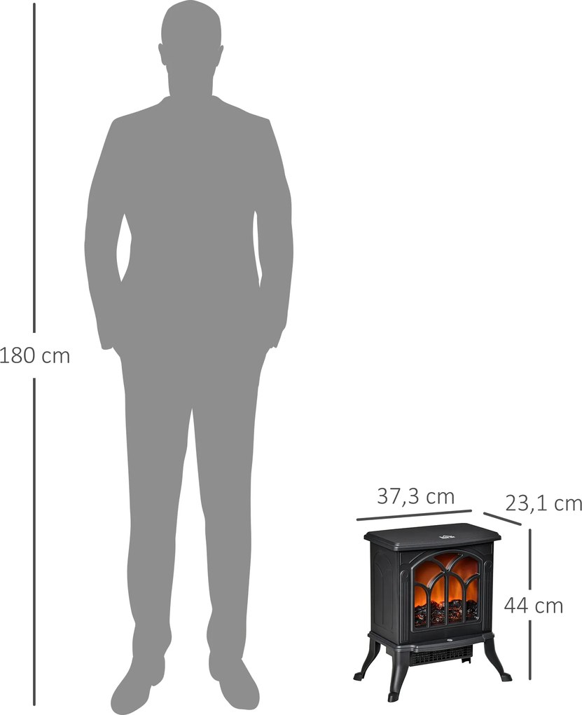 HOMCOM elektrický krb kamna s efektem plamene v retro stylu, termostat 750-1500 W, ochrana proti přehřátí, černá