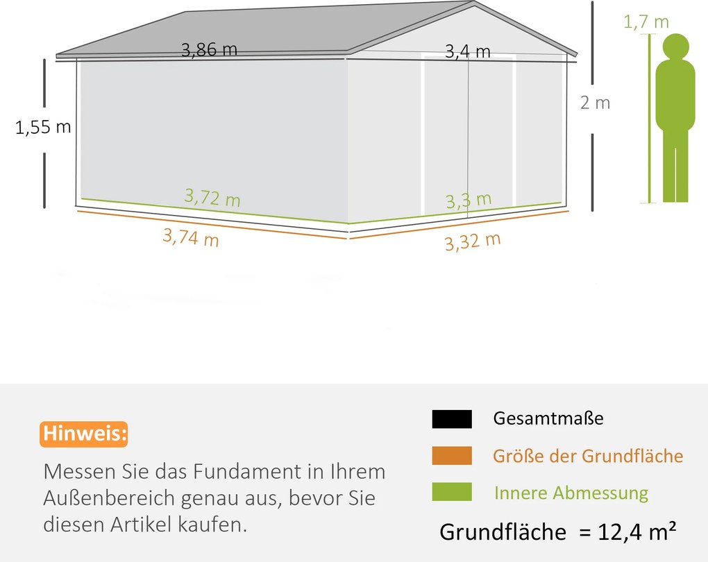 Kovová zahradní kůlna Outsunny 12,4 m², s šikmou střechou, posuvnými dveřmi a základem, 386 x 340 x 200 cm, odolná vůči počasí, pro zahradu, tmavě ze…