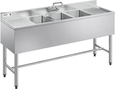 Dřez se 3 přihrádkami, Nerezová ocel 304 o průměru 18 VEVOR – 1524 × 470 × 838 mm