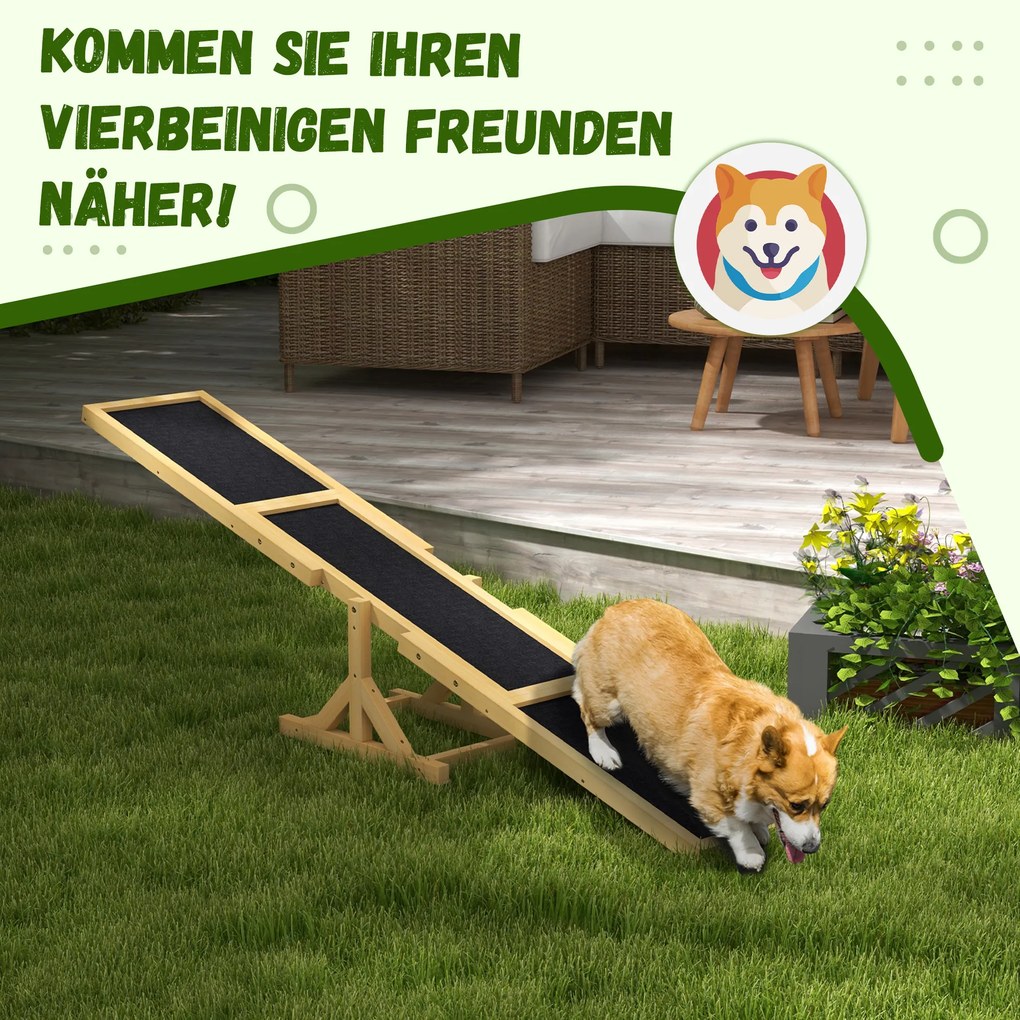 PawHut houpačka pro psy, dřevěná houpačka pro agility, protiskluzová rampa pro psy do 30 kg, pro rovnováhu, 180 x 30 cm Žlutá barva