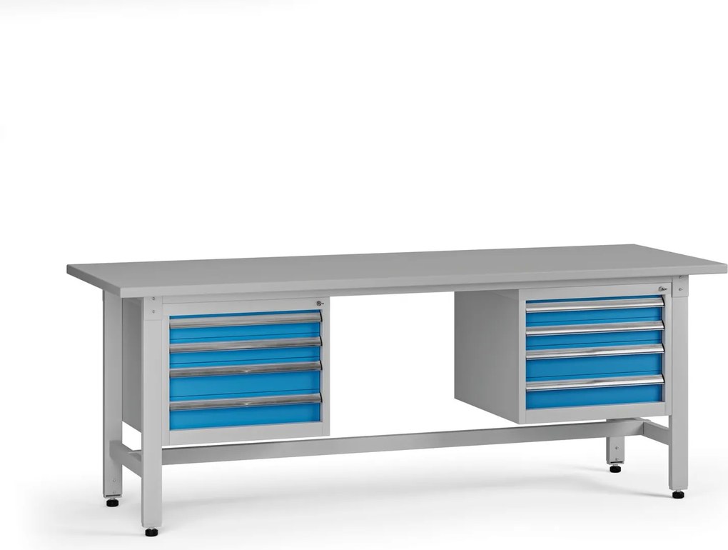 Výškově nastavitelný dílenský stůl G5, 2100 x 750 x 800-1000 mm, 2x kontejner, 8 zásuvek, modrá