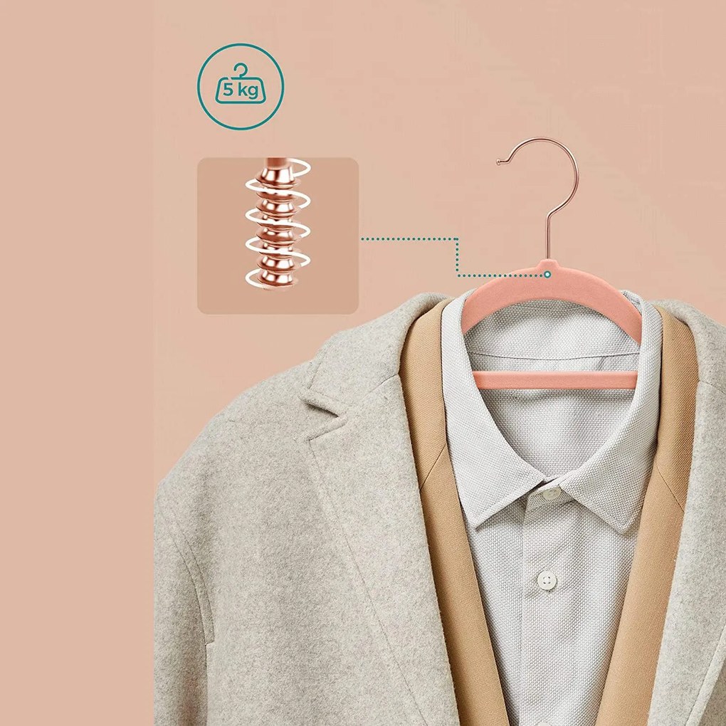 Sametová ramínka 30dílná, protiskluzové háčky na oblečení v barvě rose gold