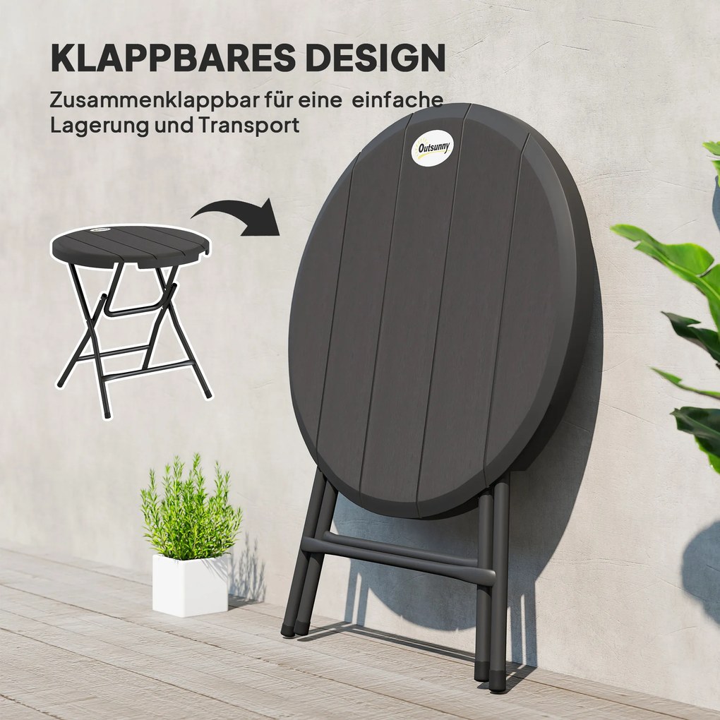 Zahradní stůl Outsunny pro 4 osoby, kulatý skládací stůl Ø80 cm, zahradní jídelní stůl ve vzhledu dřeva, tmavě šedý, ideální na balkon a terasu
