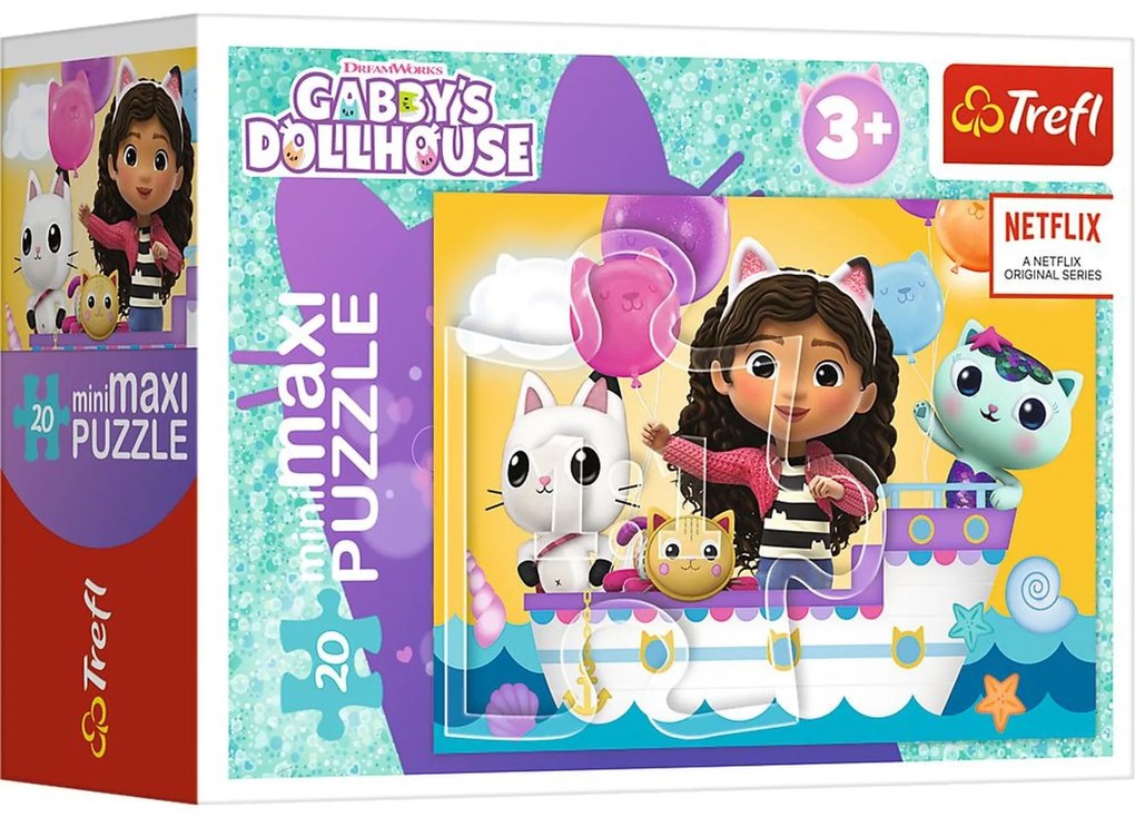 Trefl Minipuzzle miniMaxi 20 dílků Gabbyin pestrý den/Gabby´s Dollhouse 4 druhy v krab. 11x8cm 24ks v boxu