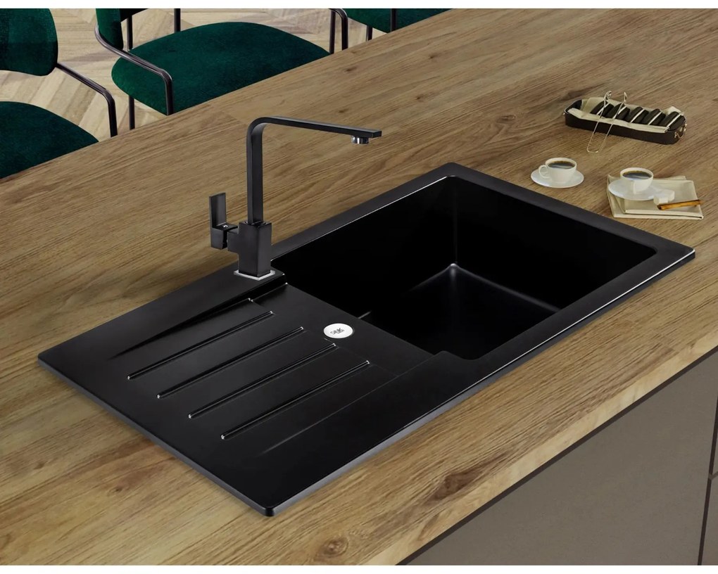 Sink Quality Natalie, kuchyňský granitový dřez 770x450x170 mm + zlatý sifon, černá, SKQ-NAT.C.1KDO.XG