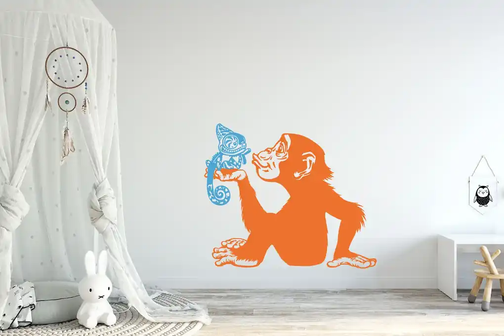 Lepy.cz Samolepka na zeď Safari - Opice s ještěrkou Velikost (šířka x  výška): 35x30cm, Kombinace barev sety: Ledová modrá + tmavě modrá | BIANO