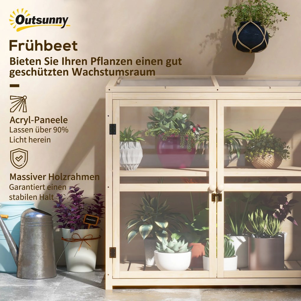 Outsunny dřevěný dvoustupňový skleník s dvojitými dveřmi a střešním oknem, odolný proti větru, přírodní, 103x61x103cm