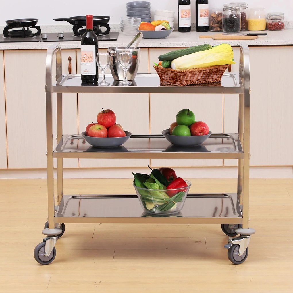 HOMCOM Nerezový vozík s kolečky do kuchyně s podnosy a 2 pažemi pro jídelnu a obývací pokoj 85x45x90 cm Stříbrná
